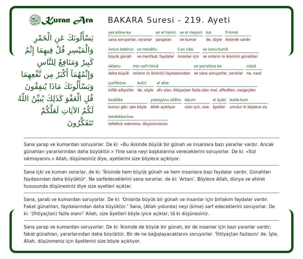 BAKARA suresi 219. ayeti - KuranAra.com