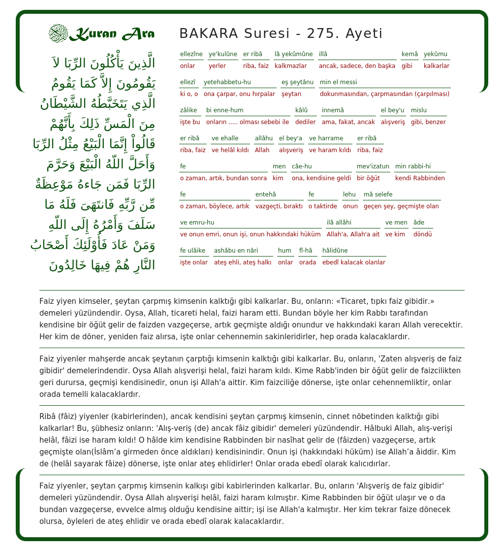 BAKARA suresi 275. ayeti - KuranAra.com