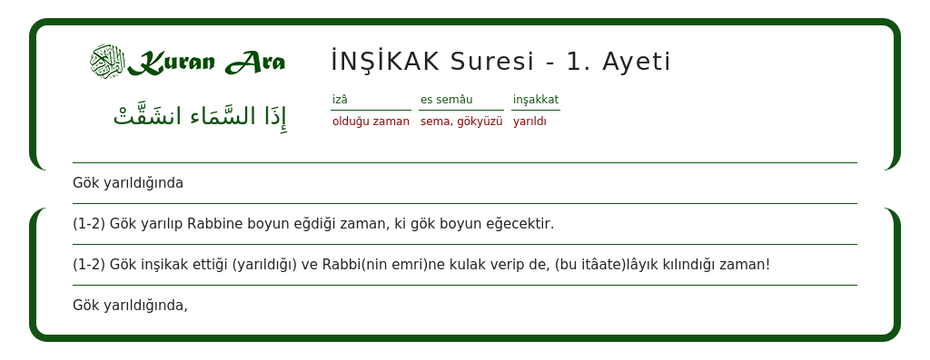 İNŞİKAK suresi 1. ayeti - KuranAra.com
