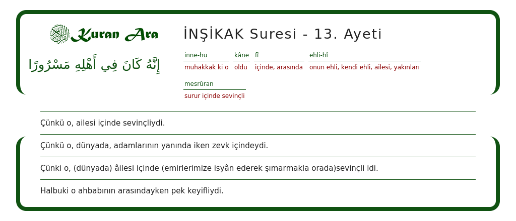 İNŞİKAK suresi 13. ayeti - KuranAra.com