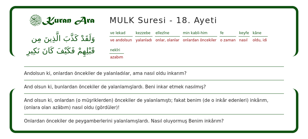MULK suresi 18. ayeti - KuranAra.com