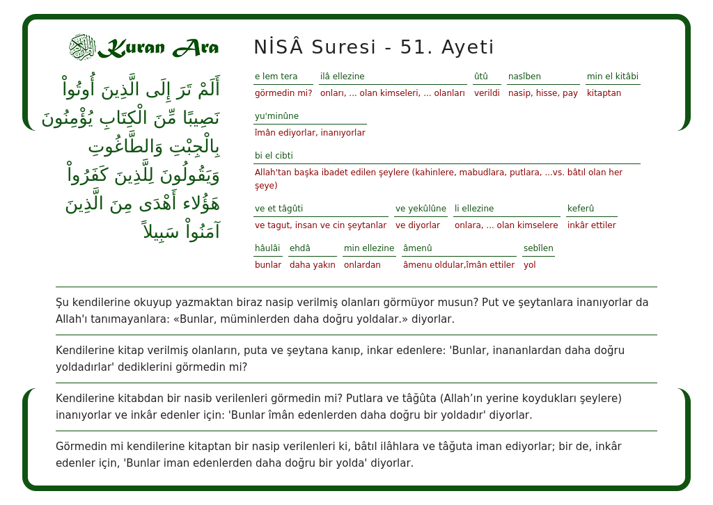 NİSÂ suresi 51. ayeti - KuranAra.com