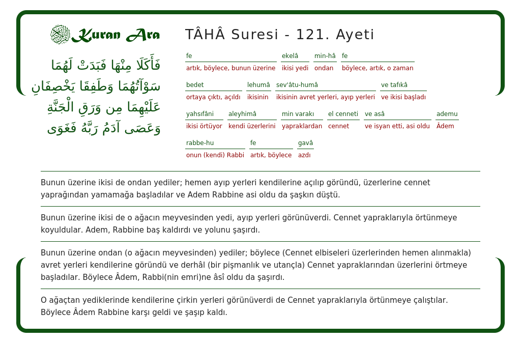 TÂHÂ suresi 121. ayeti - KuranAra.com
