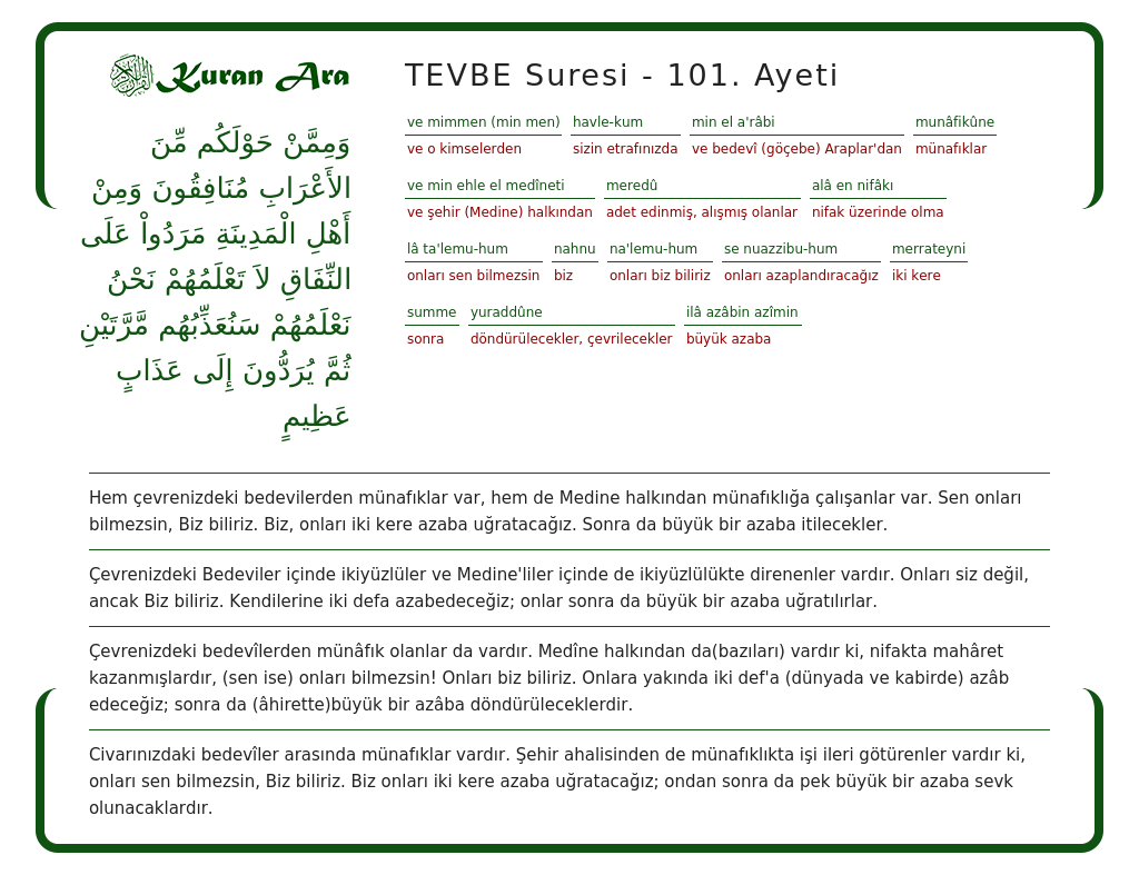 TEVBE suresi 101. ayeti - KuranAra.com