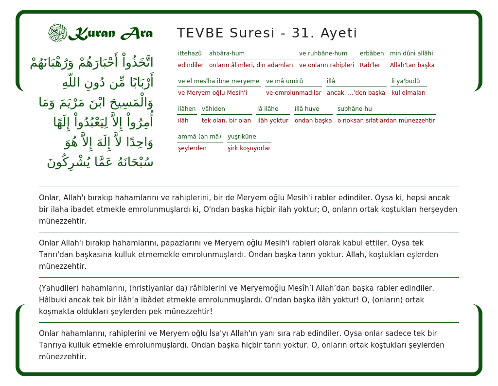 TEVBE suresi 31. ayeti - KuranAra.com