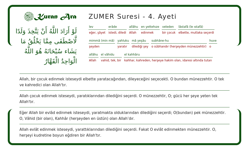 ZUMER suresi 4. ayeti - KuranAra.com