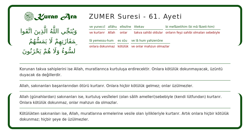 ZUMER suresi 61. ayeti - KuranAra.com