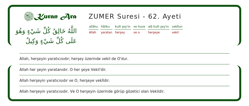 ZUMER suresi 62. ayeti - KuranAra.com
