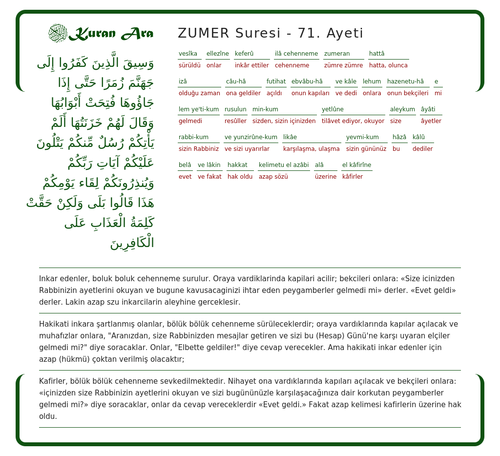 ZUMER suresi 71. ayeti - KuranAra.com